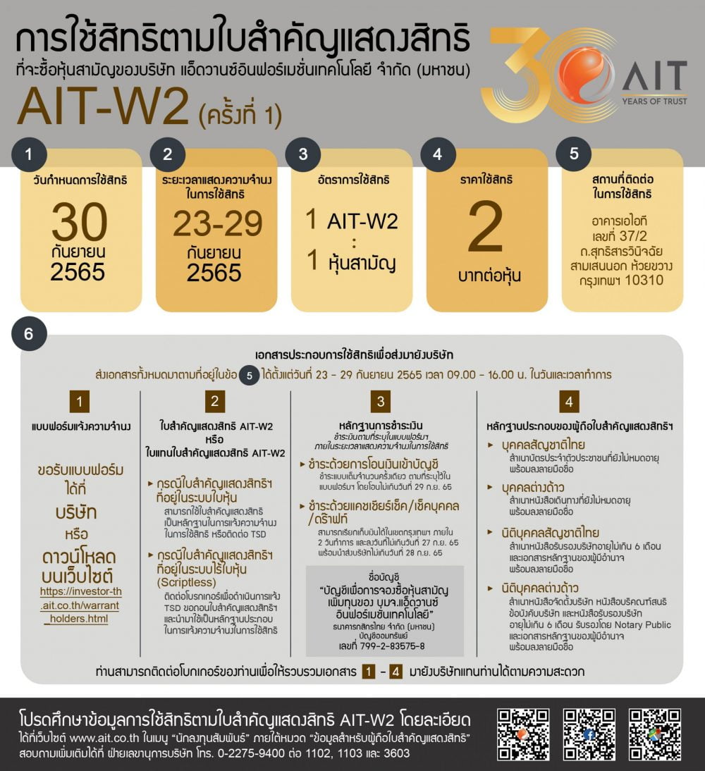 AIT แจ้งเตือนผู้ถือหุ้นใช้สิทธิ AIT-W2 เริ่ม 23 - 29 ก.ย.นี้ | ThaiPR.NET