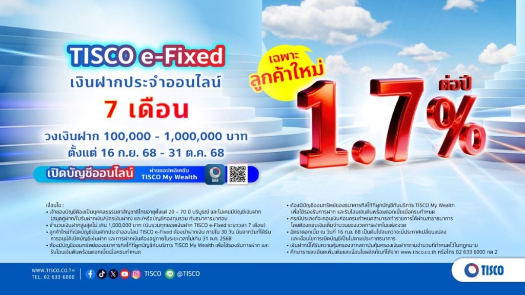 ธ.ทิสโก้ เจาะกลุ่มลูกค้าใหม่ เสิร์ฟเงินฝากประจำออนไลน์ ดอกเบี้ยสูง 1.7% ต่อปี | ThaiPR.NET