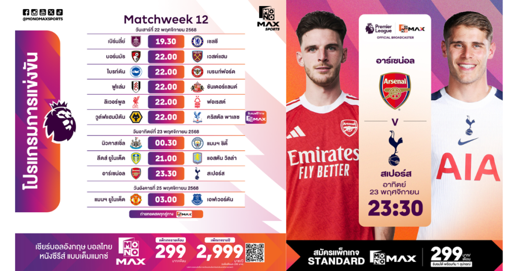 ศึกพรีเมียร์ลีกฯ สัปดาห์ที่ 12 “Monomax” ยิงสดครบทุกสนาม ลอนดอนดาร์บี้ “ปืนใหญ่-ไก่เดือยทอง ...