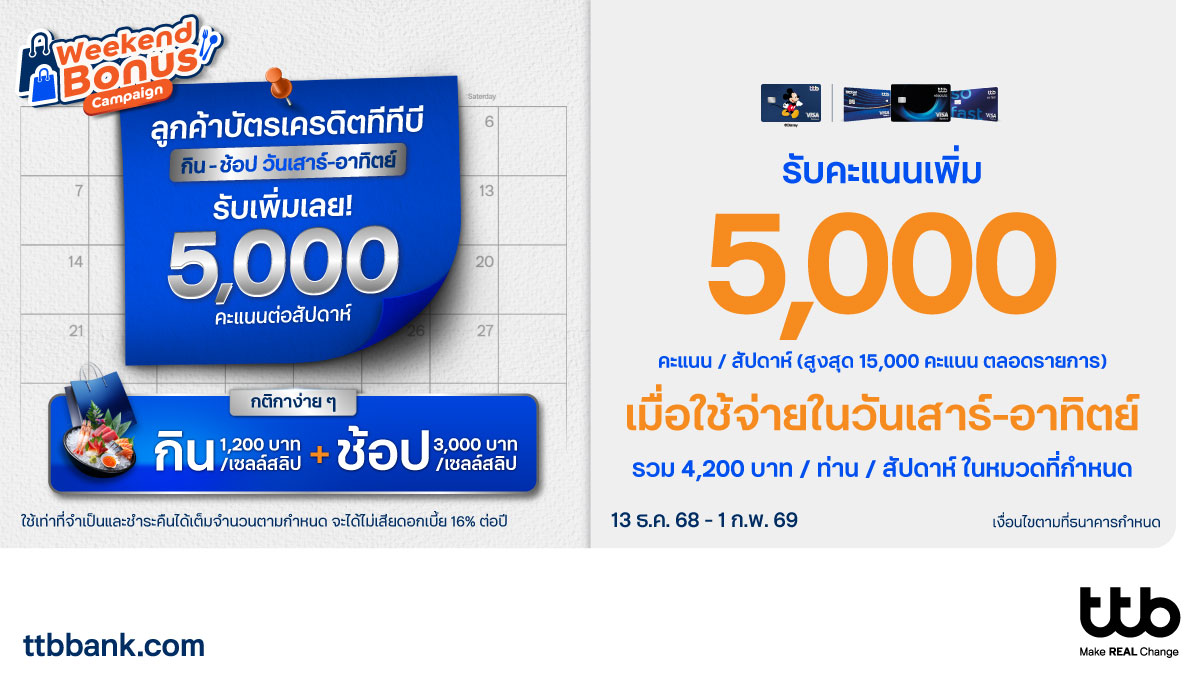 บัตรเครดิต ttb ชวนกิน ช้อปสุดคุ้ม เสาร์ - อาทิตย์ รับคะแนนสะสมเพิ่ม ...